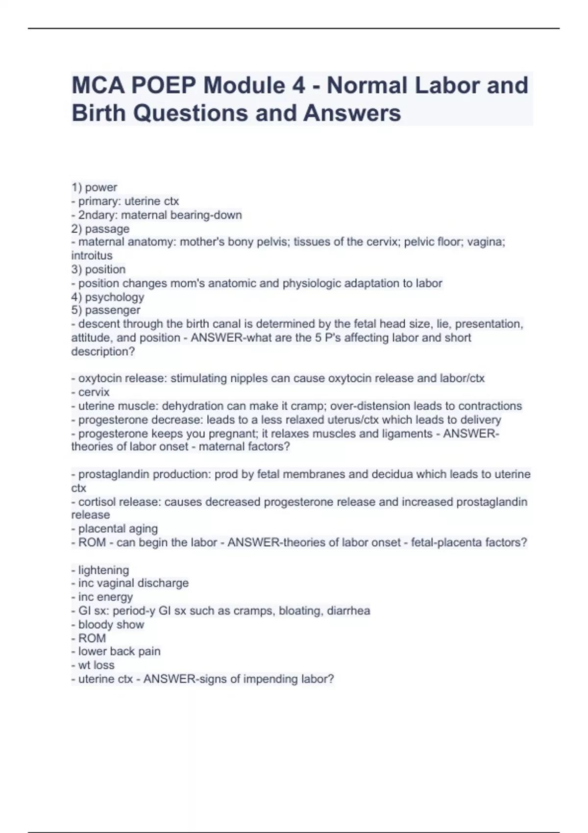 MCA POEP Module 4 Normal Labor And Birth Questions And Answers MCA MCA POEP Module 4 Normal Labor And Birth Questions And Answers MCA