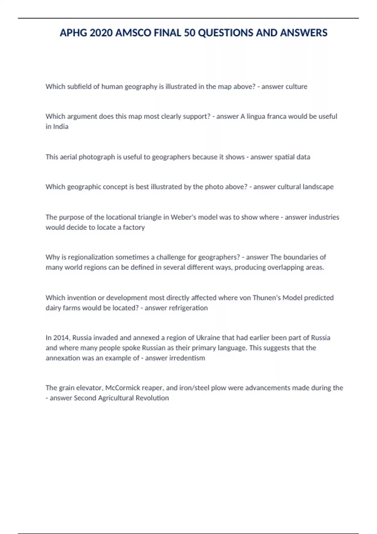 APHG 2020 AMSCO FINAL 50 QUESTIONS AND ANSWERS - AMSCO - Stuvia US