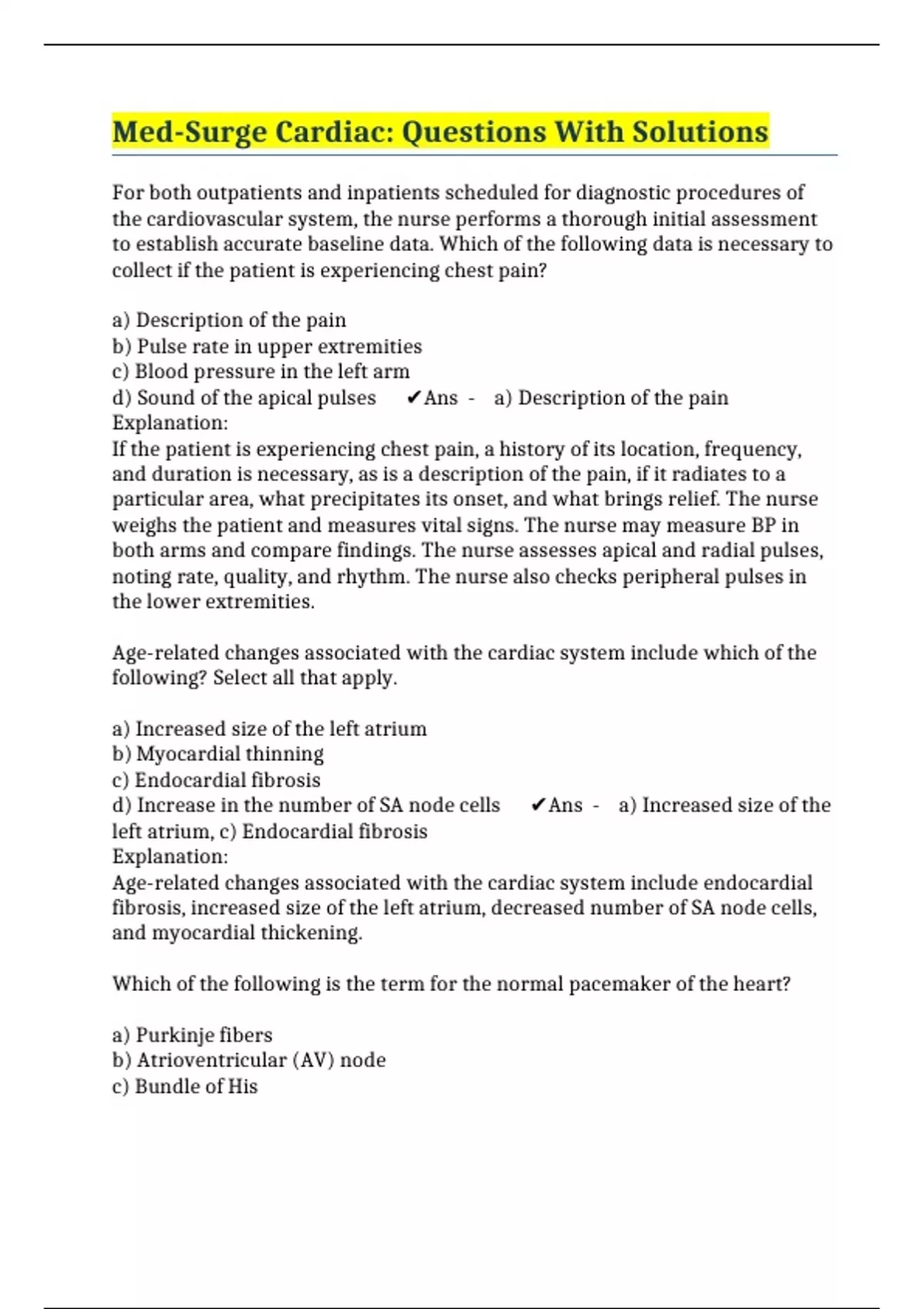 Med-Surge Cardiac: Questions With Solutions - MED SURG CARDIAC - Stuvia US