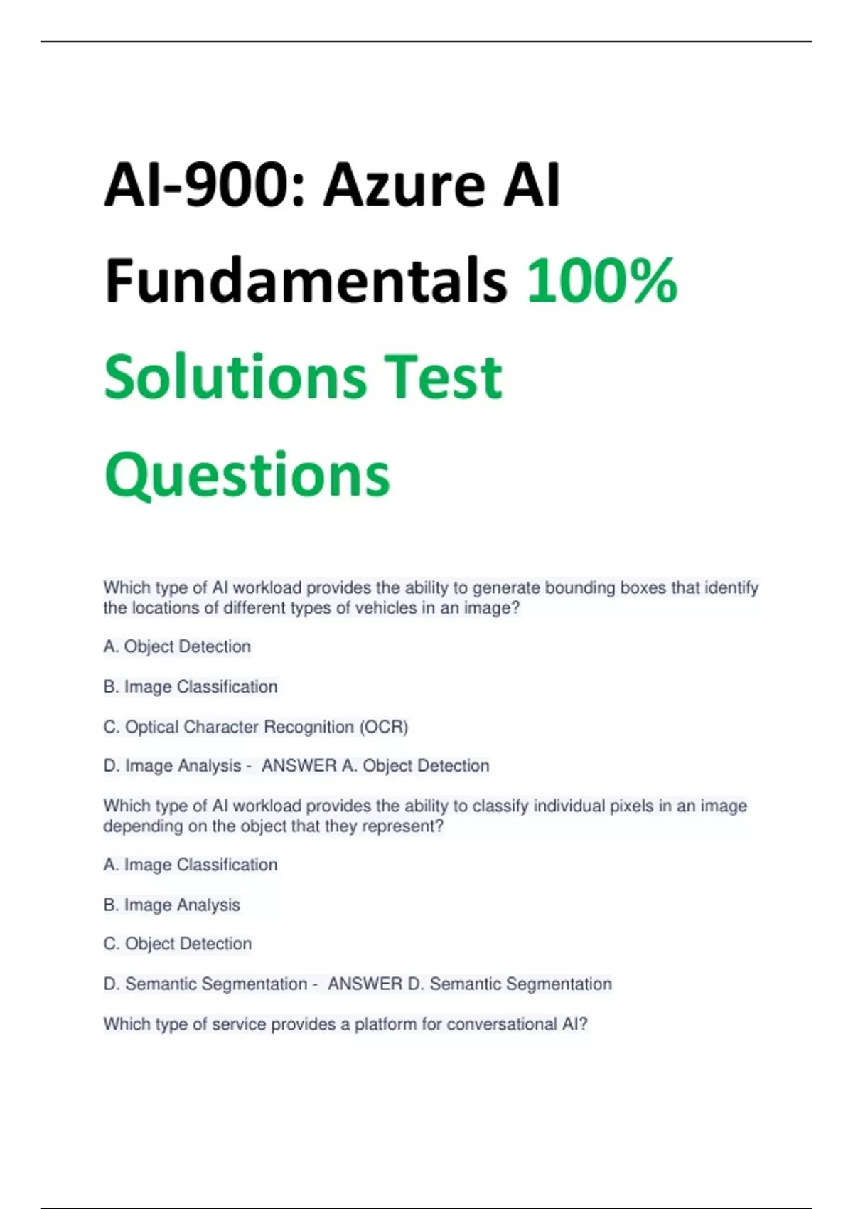 UPDATED AI-900: Azure AI Fundamentals 100% Solutions Test Questions ...