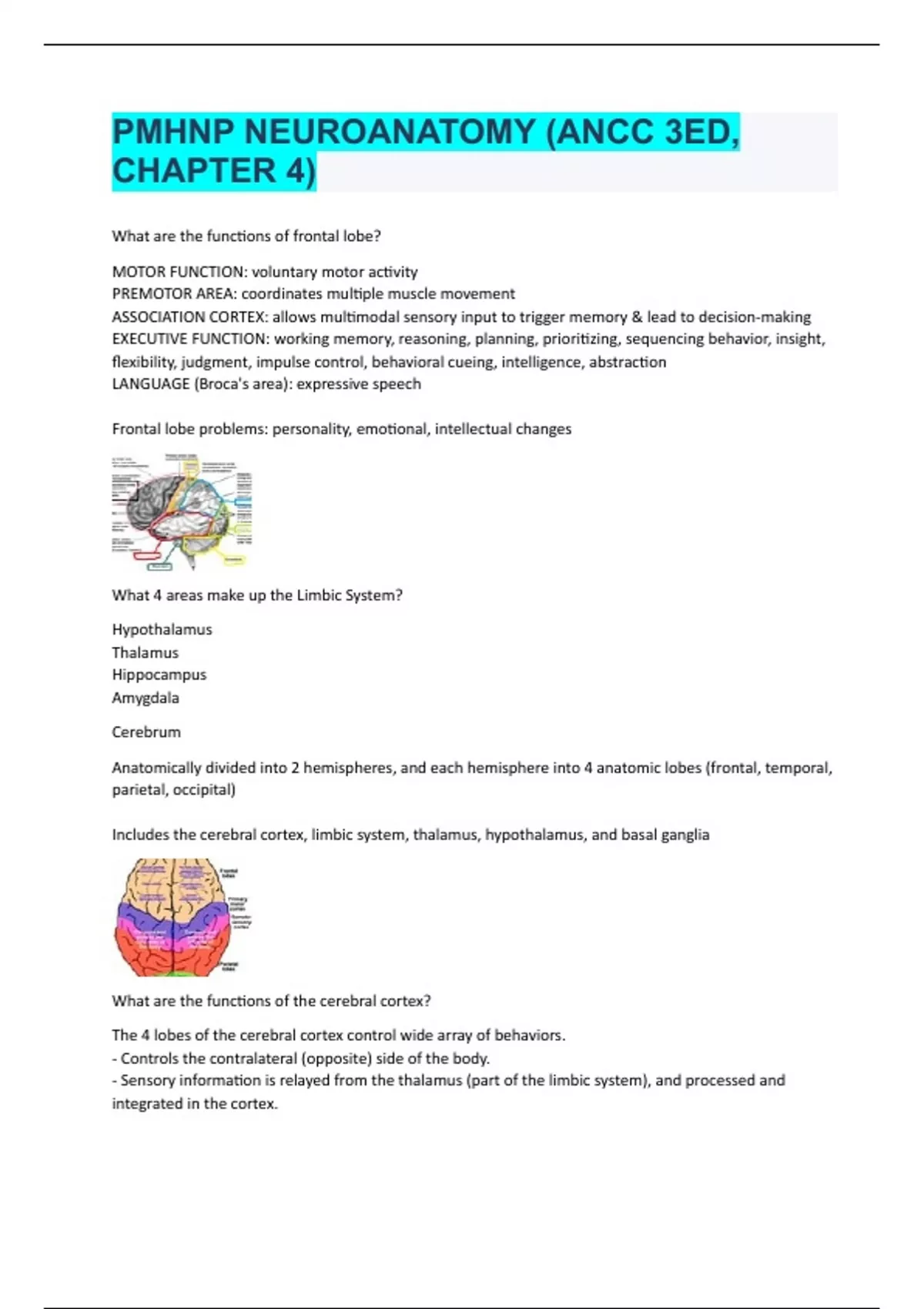 PMHNP NEUROANATOMY (ANCC 3ED, CHAPTER 4) - PMHNP - Stuvia US