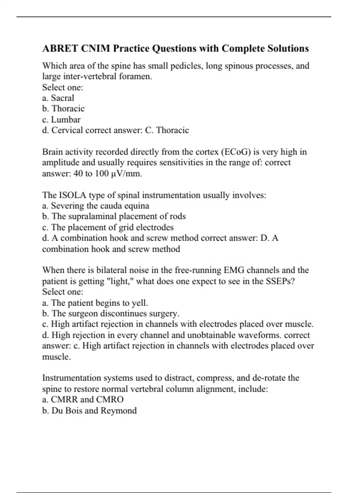 ABRET CNIM Practice Questions with Complete Solutions. - Cnim - Stuvia US