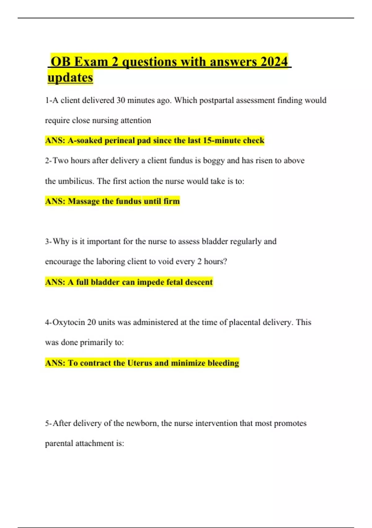 OB Exam 2 questions with answers 2024 updates - OB am 2tes - Stuvia US