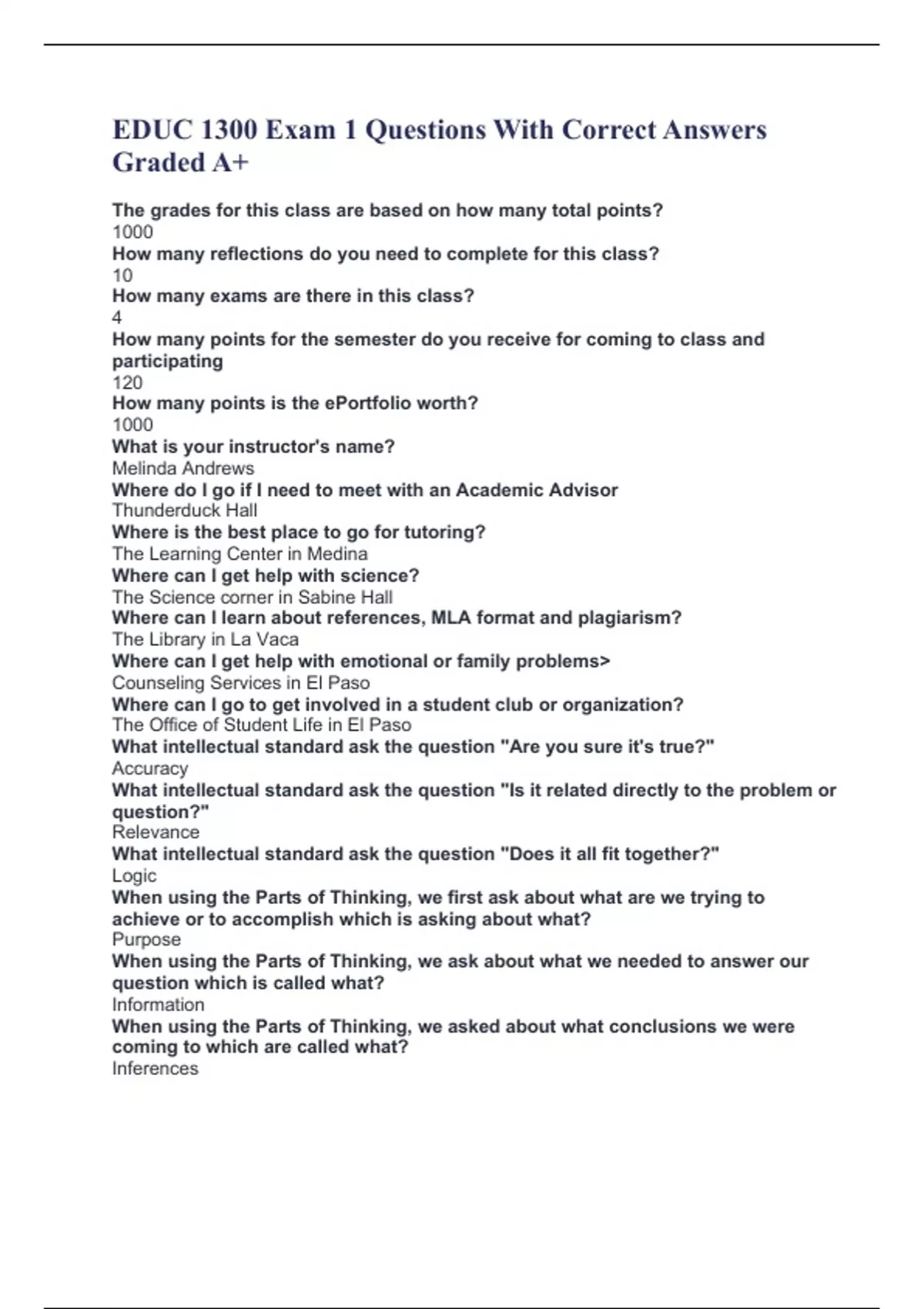 EDUC 1300 Exam 1 Questions With Correct Answers Graded A+ - EDUC 1300 ...