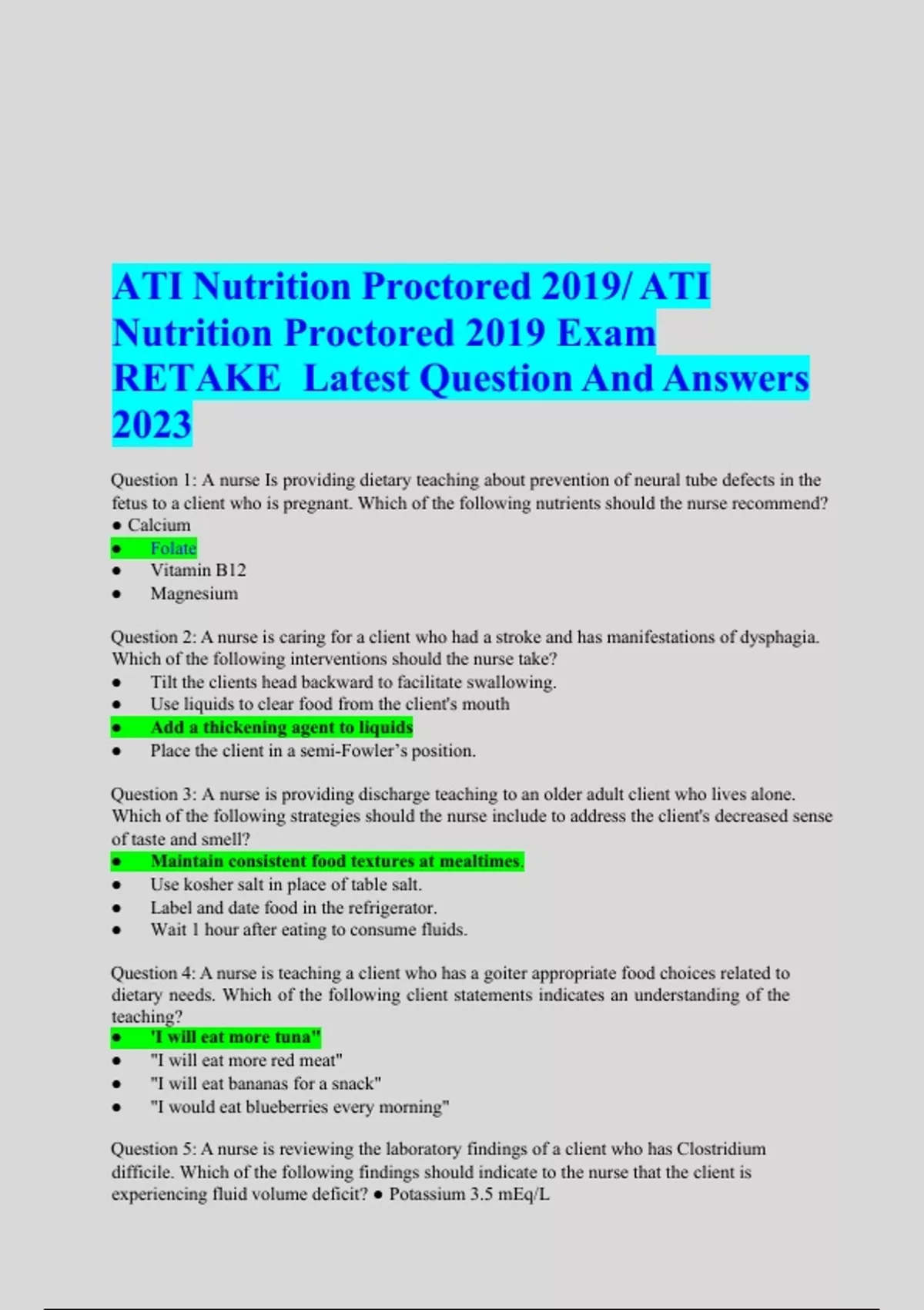 ATI Nutrition Proctored 2019/ ATI Nutrition Proctored 2019 Exam RETAKE ...