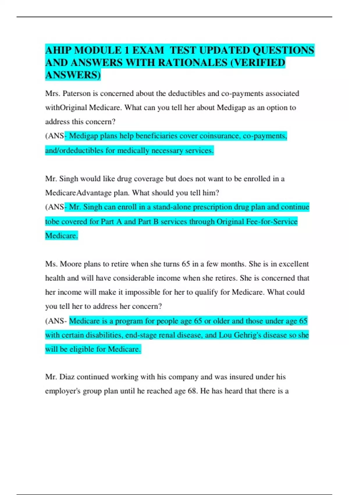 AHIP MODULE 1 EXAM TEST UPDATED QUESTIONS AND ANSWERS WITH RATIONALES ...