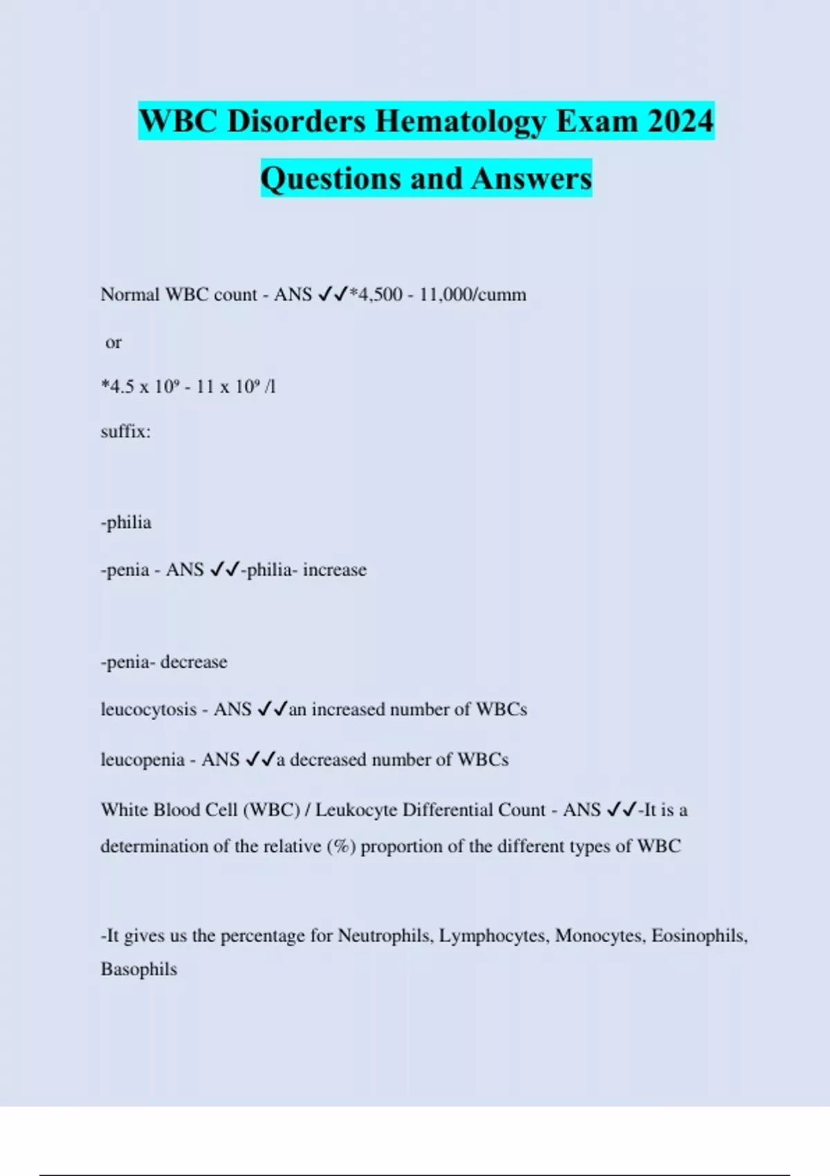WBC Disorders Hematology Exam 2024 Questions and Answers - Pathology ...
