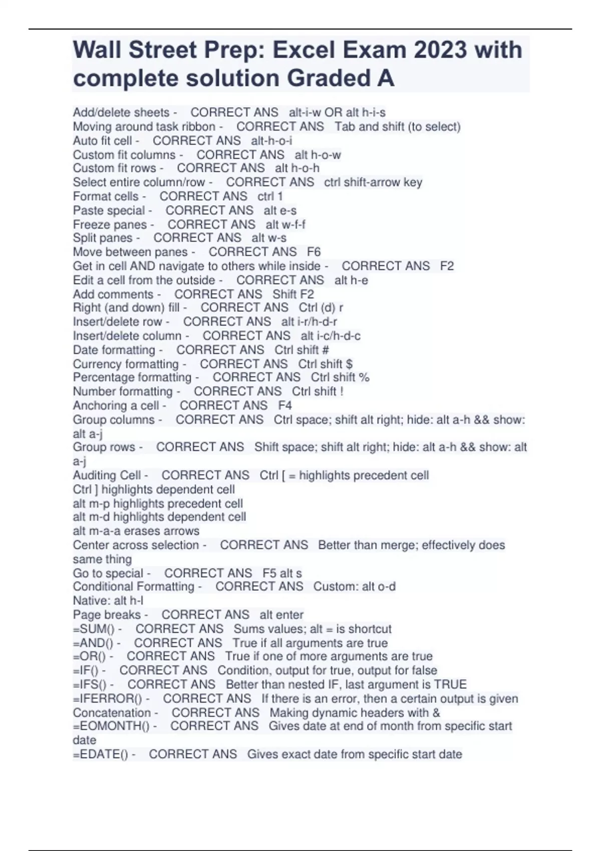Wall Street Prep: Excel Exam 2023 with complete solution Graded A ...