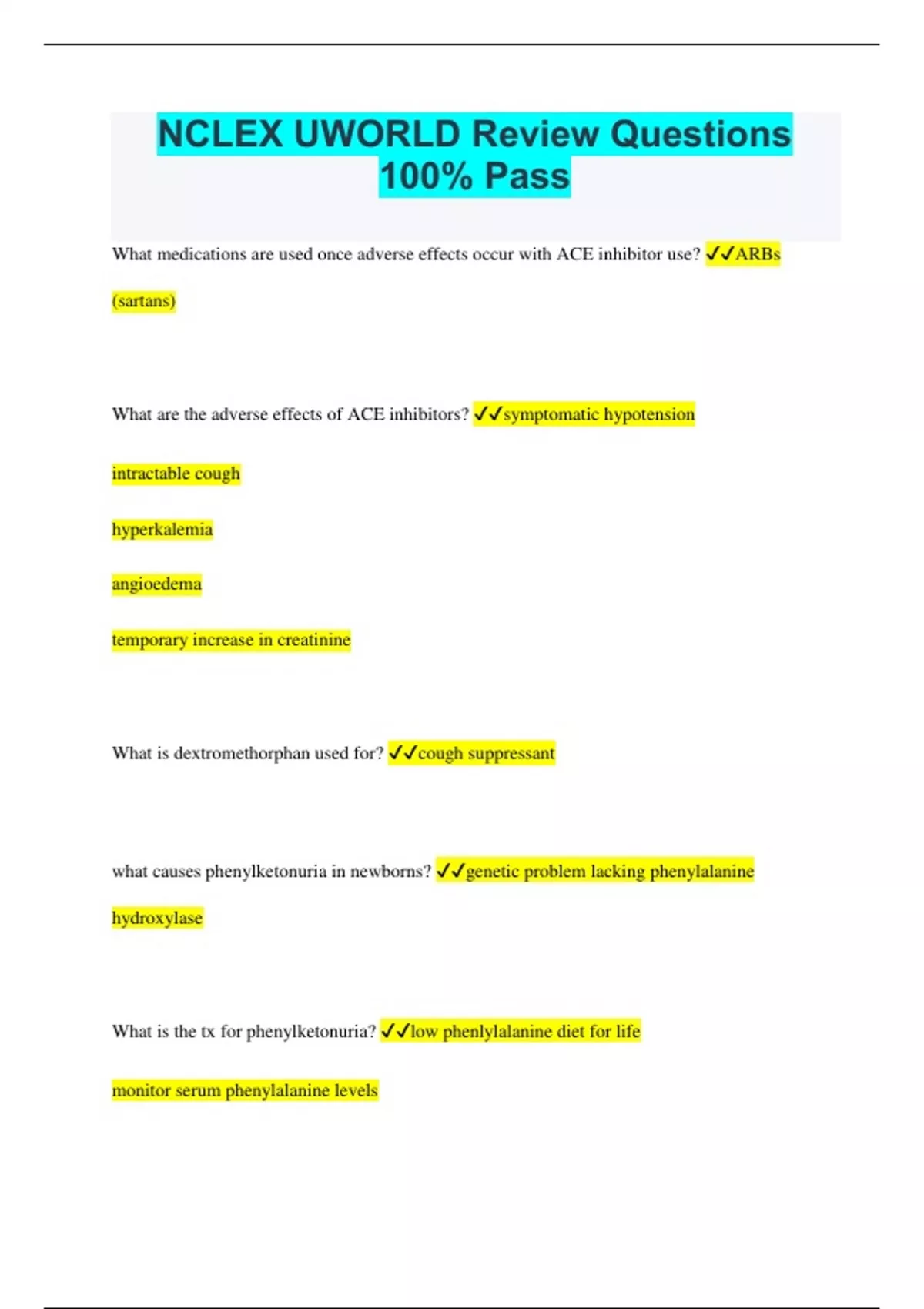 NCLEX UWORLD Review Questions with Correct Answers 100% Pass - NCLEX ...