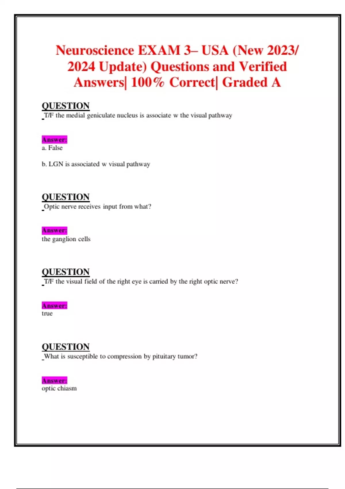 Neuroscience Exam 1, 2, 3 & Final Exams– USA (New 2023/ 2024 Updates ...