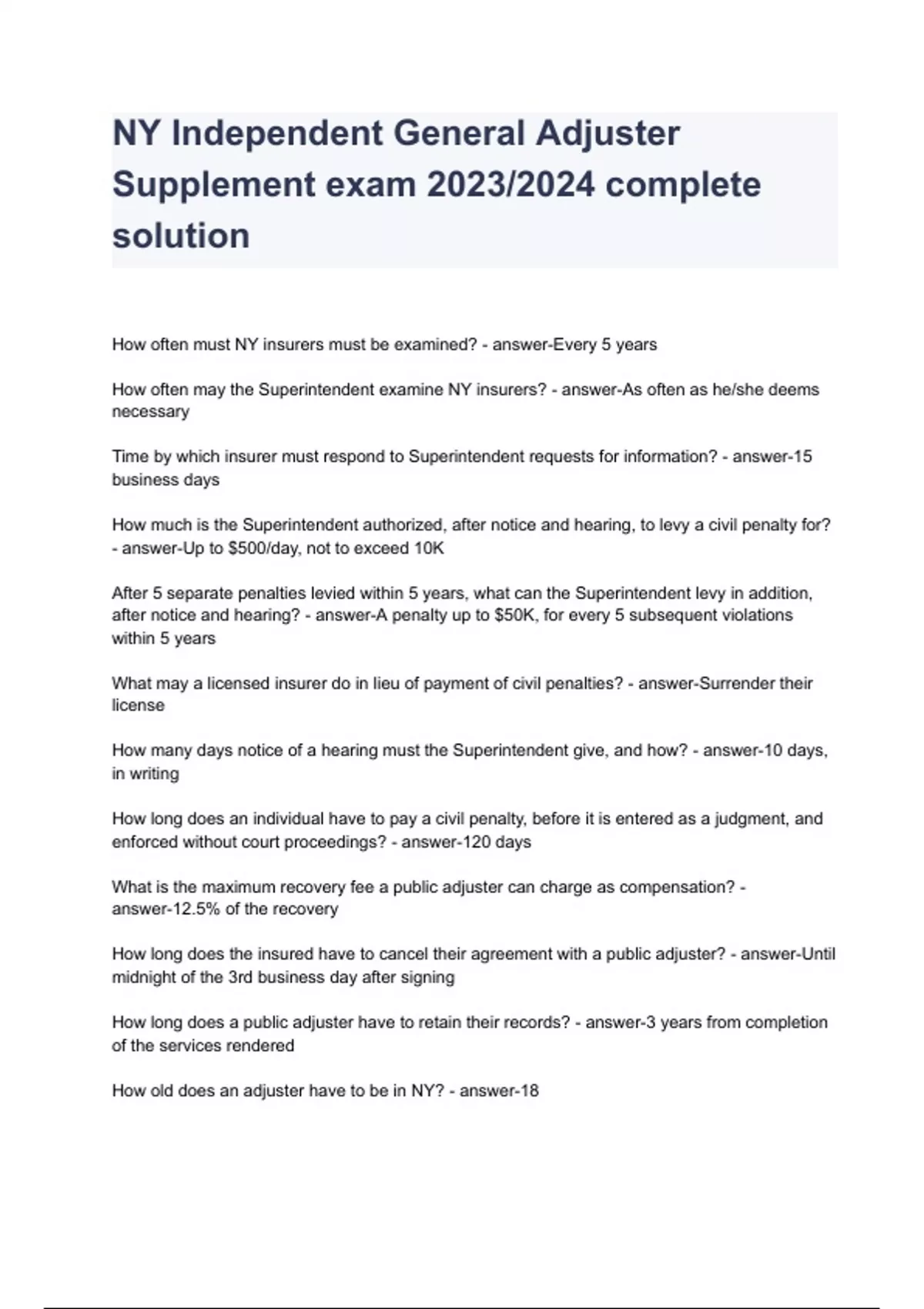 NY Independent General Adjuster Supplement exam 2023/2024 complete solution - NY Independent ...