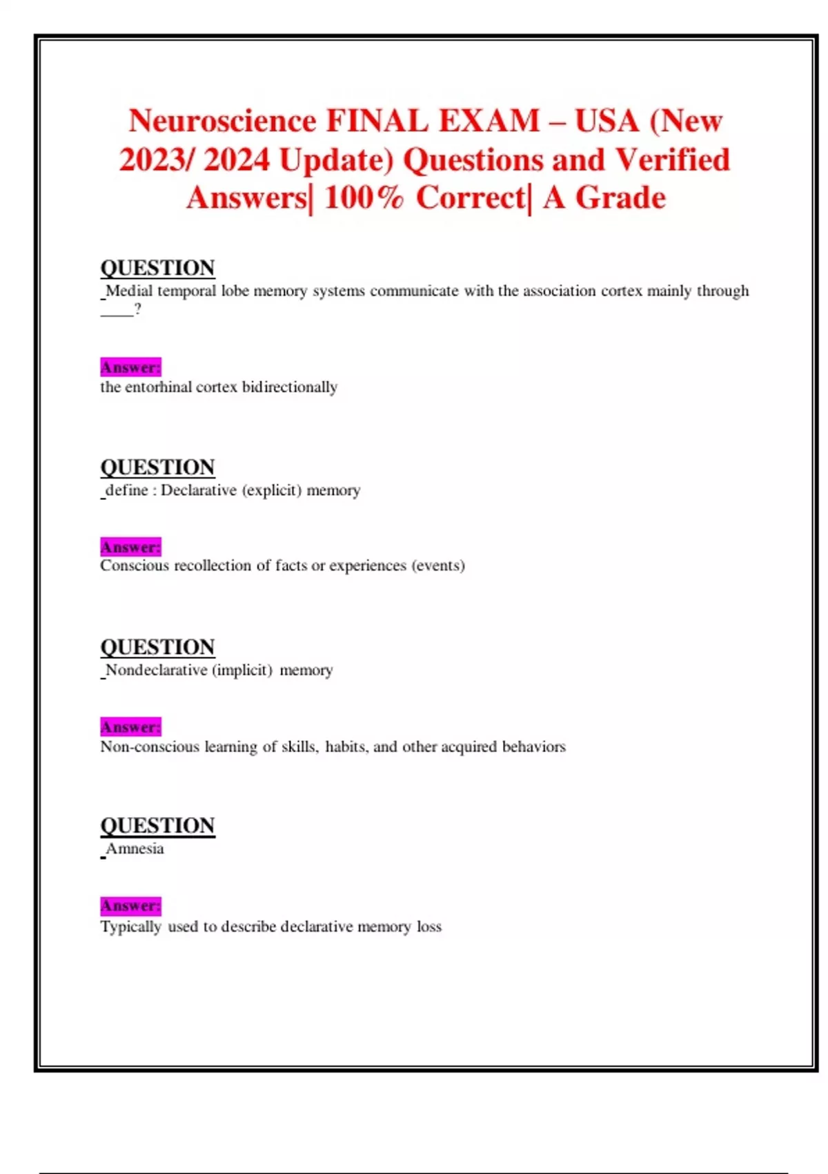 Neuroscience FINAL EXAM – USA (New 2023/ 2024 Update) Questions and ...