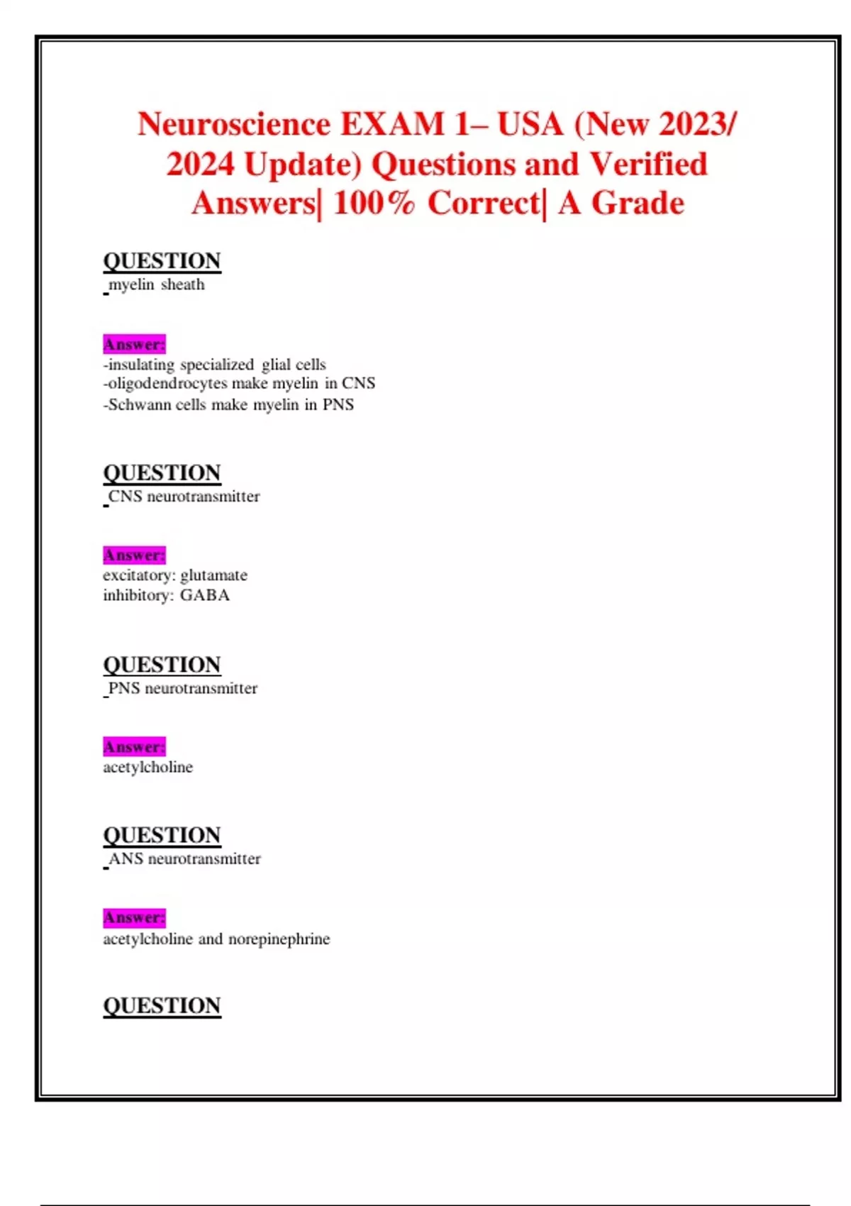 Neuroscience EXAM 1– USA (New 2023/ 2024 Update) Questions and Verified ...