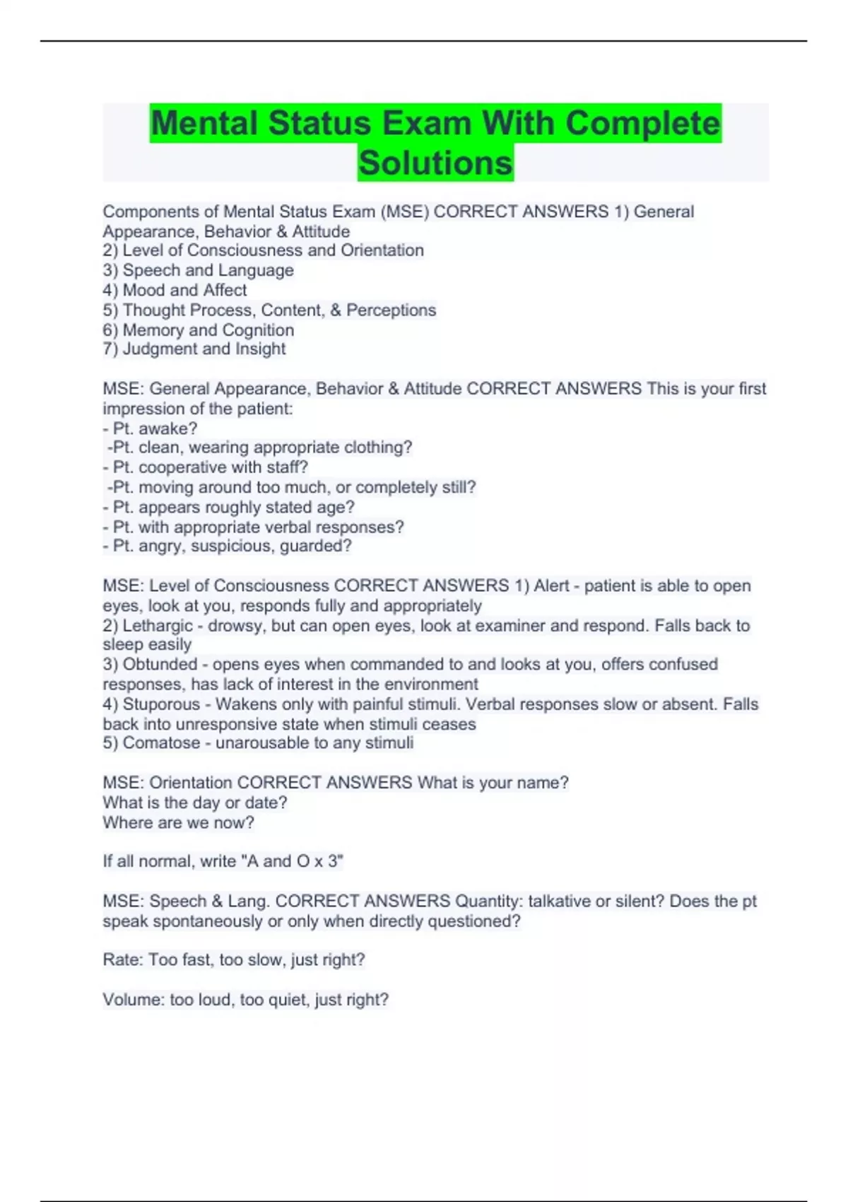 Mental Status Exam With Complete Solutions - Mental status - Stuvia US