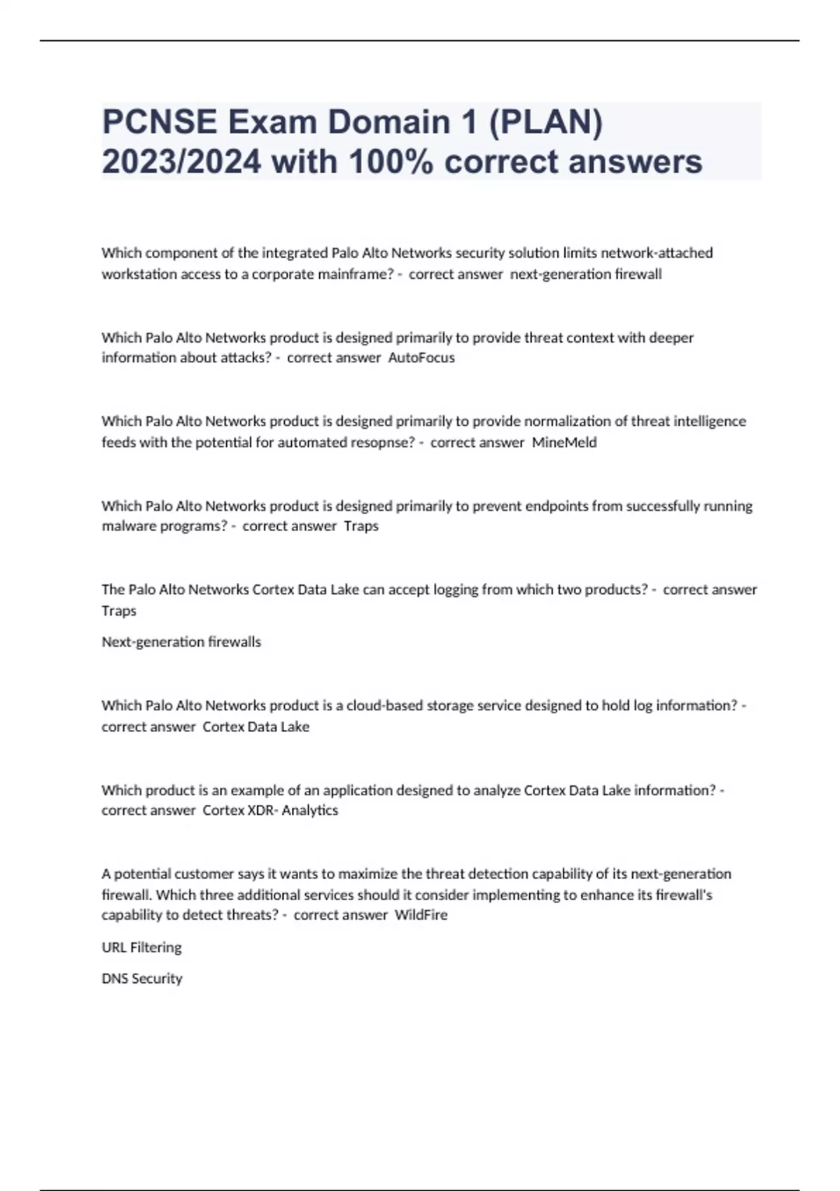 PCNSE Exam Domain 1 (PLAN) 2023/2024 with 100% correct answers - PCNSE ...