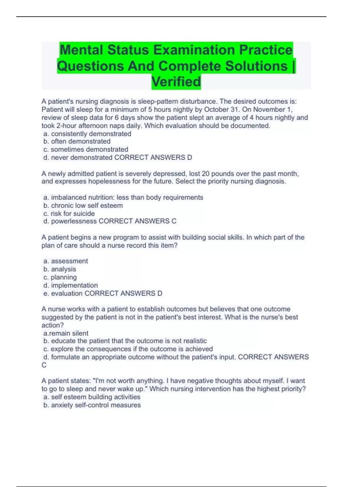 Mental Status Examination Practice Questions And Complete Solutions ...
