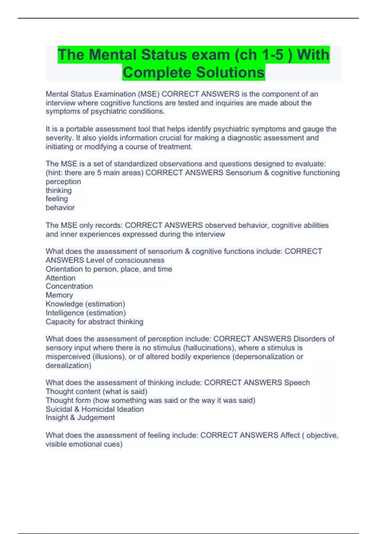 The Mental Status exam (ch 1-5 ) With Complete Solutions - Mental ...