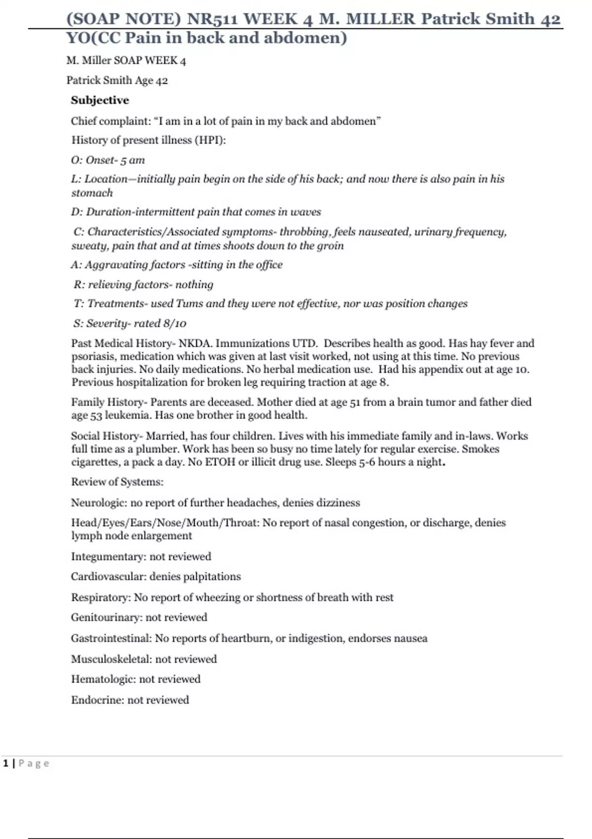 (SOAP NOTE) NR511 WEEK 4 M. MILLER Patrick Smith 42 YO(CC Pain in back ...