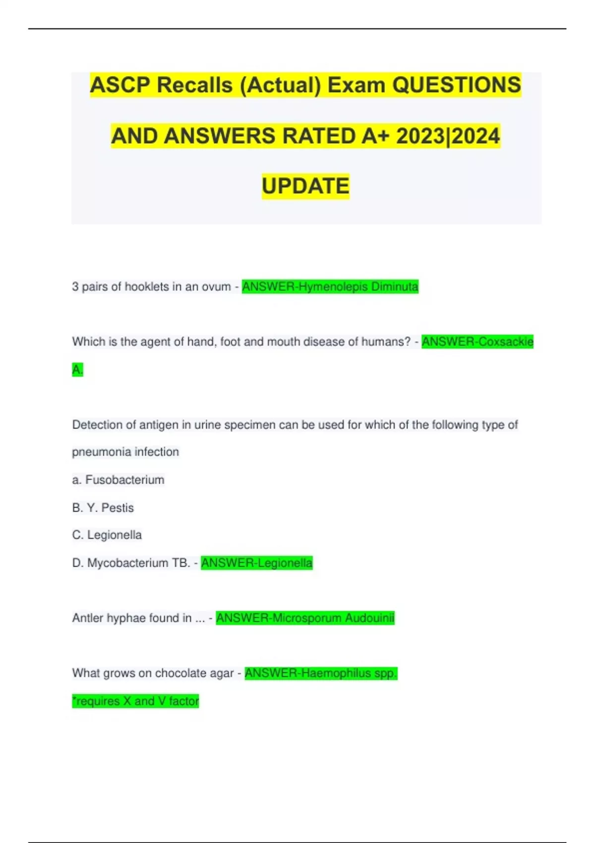 ASCP Recalls (Actual) Exam QUESTIONS AND ANSWERS RATED A+ 2023|2024 UPDATE - ASCP Recalls ...