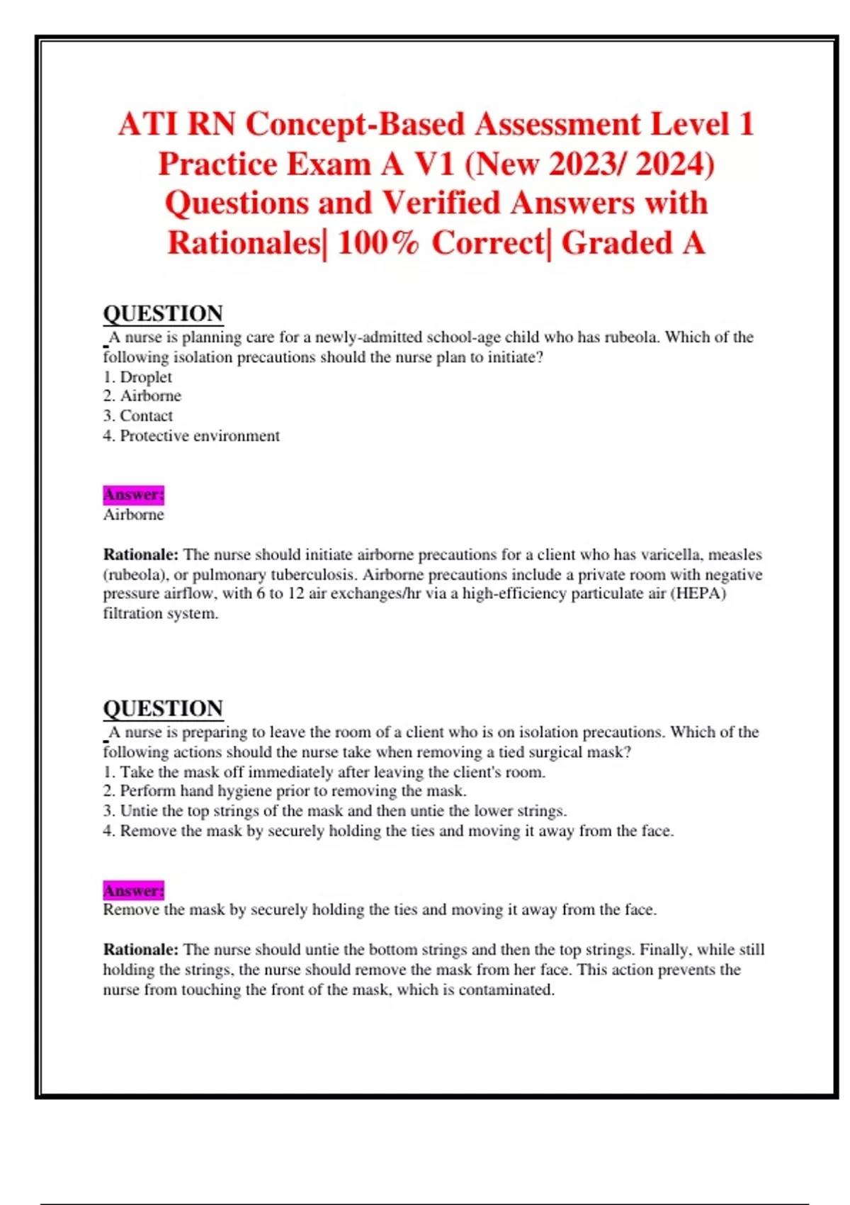 ATI RN Concept-Based Assessment Level 1 Practice Exam A V1 (New 2023/ ...