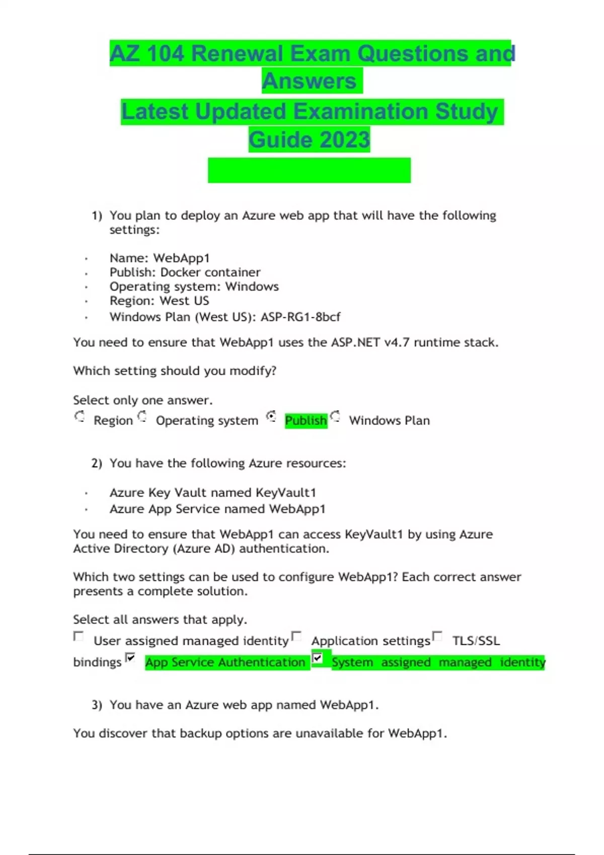 AZ 104 Renewal Exam Questions and Answers Latest Updated Examination ...