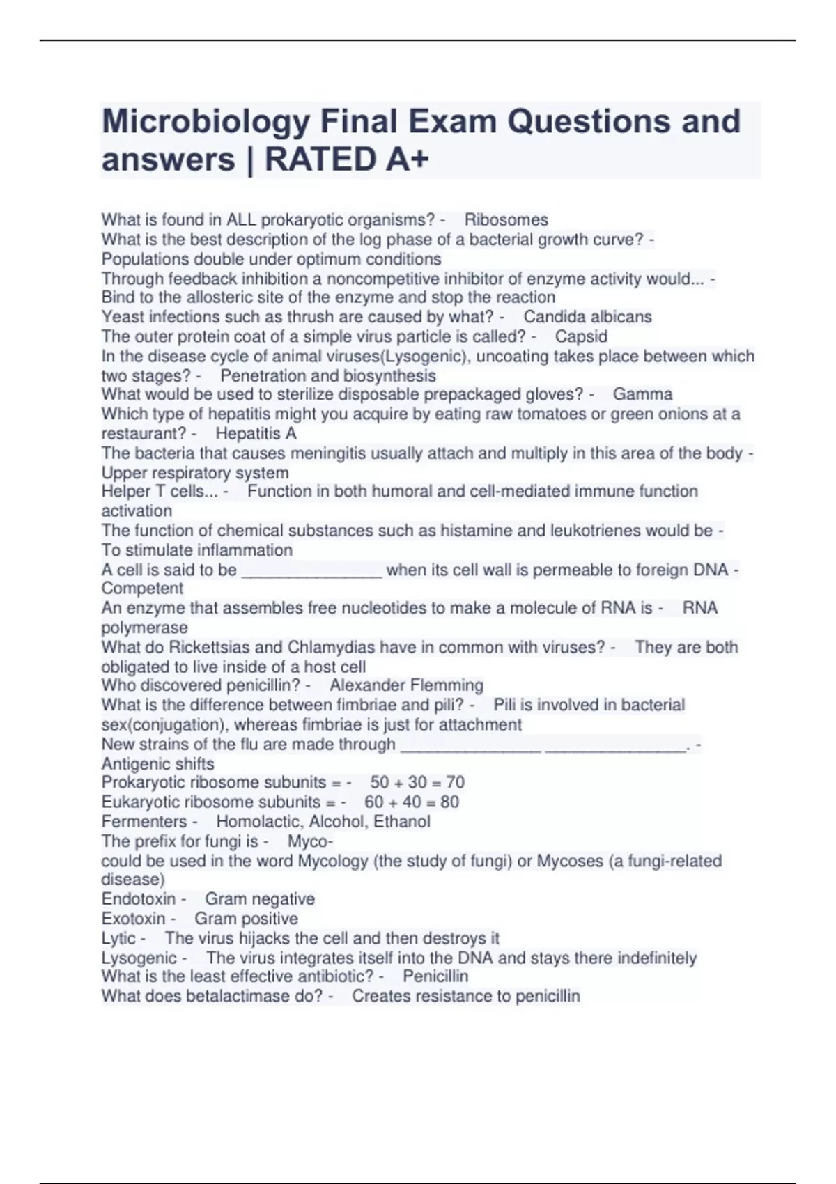 Microbiology Final Exam Questions and answers | RATED A+ - Microbiology ...