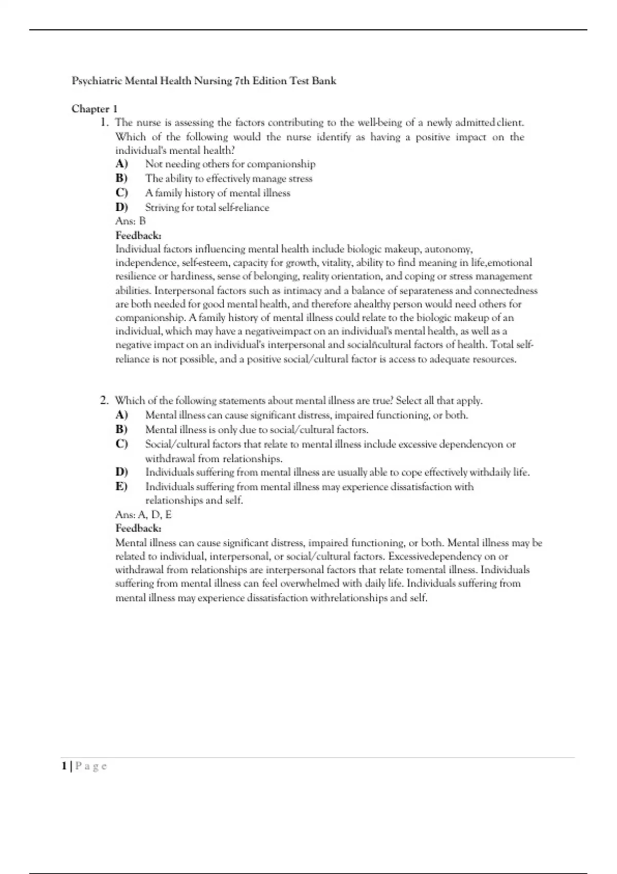 TEST BANK PSYCHIATRIC MENTAL HEALTH NURSING 7TH EDITION VIDEBECK ...