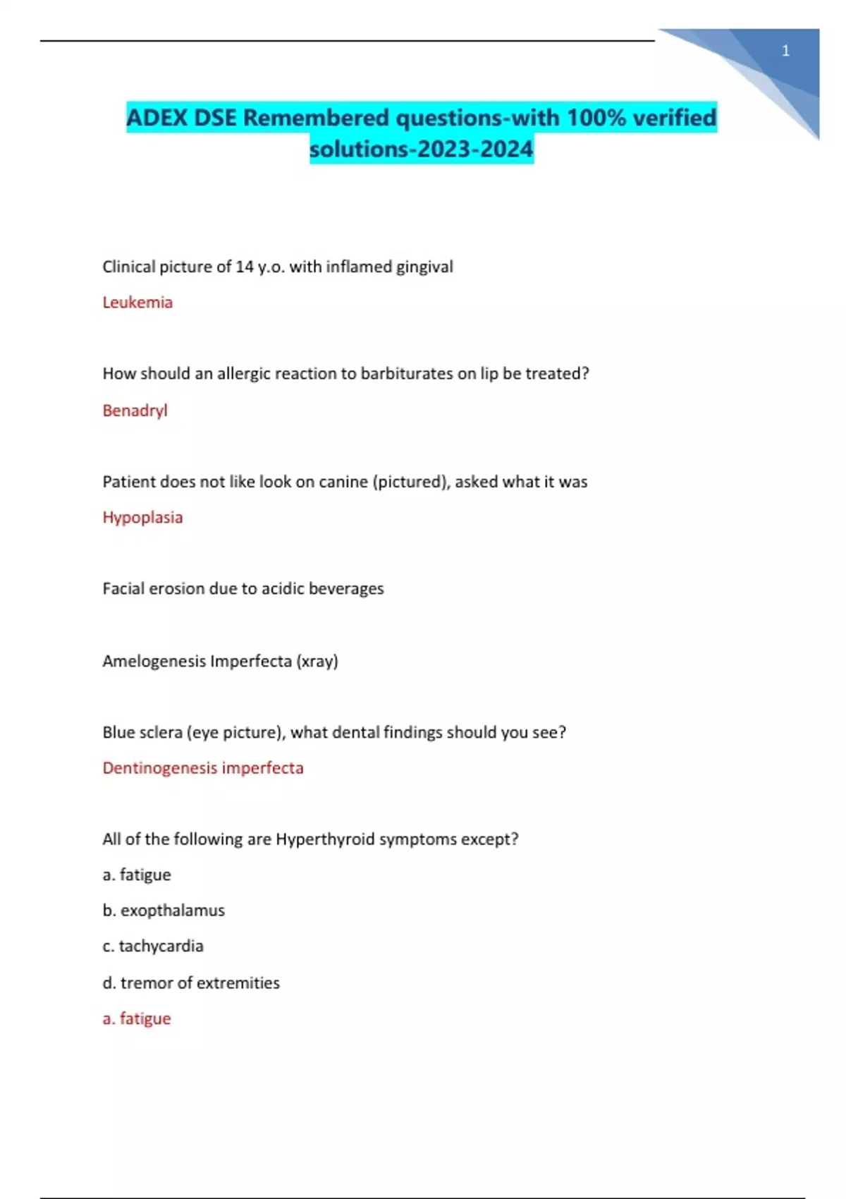 ADEX DSE Remembered questions-with 100% verified solutions - ADEX DSE OSCE - Stuvia US