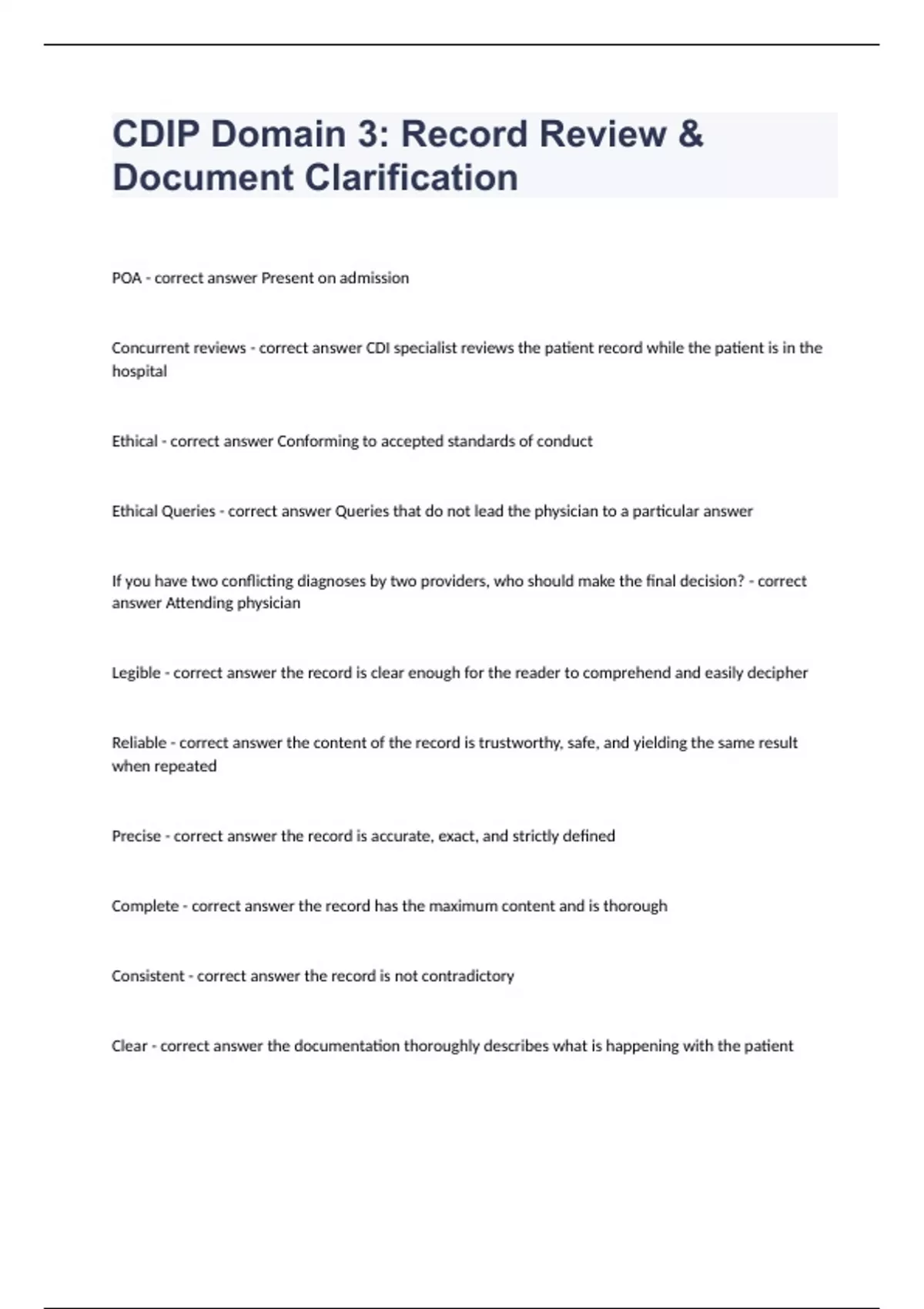 CDIP Domain 3 Record Review & Document Clarification Question and answers correctly solved 2023/ ...
