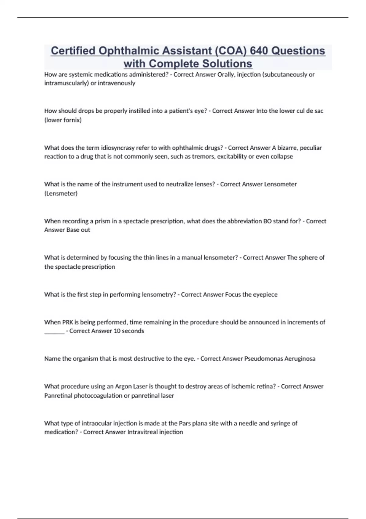Certified Ophthalmic Assistant (COA) 640 Questions with Complete ...