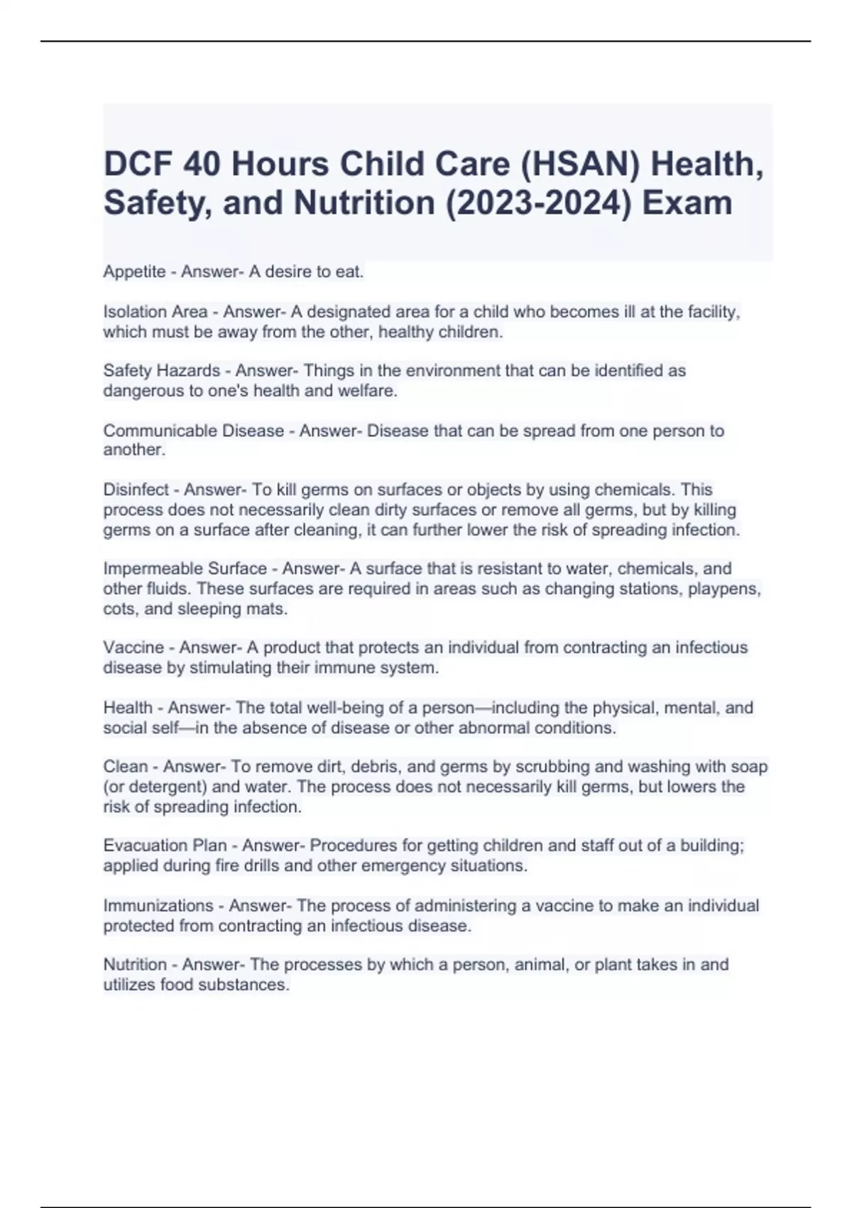 DCF 40 Hours Child Care (HSAN) Health, Safety, and Nutrition () Exam ...