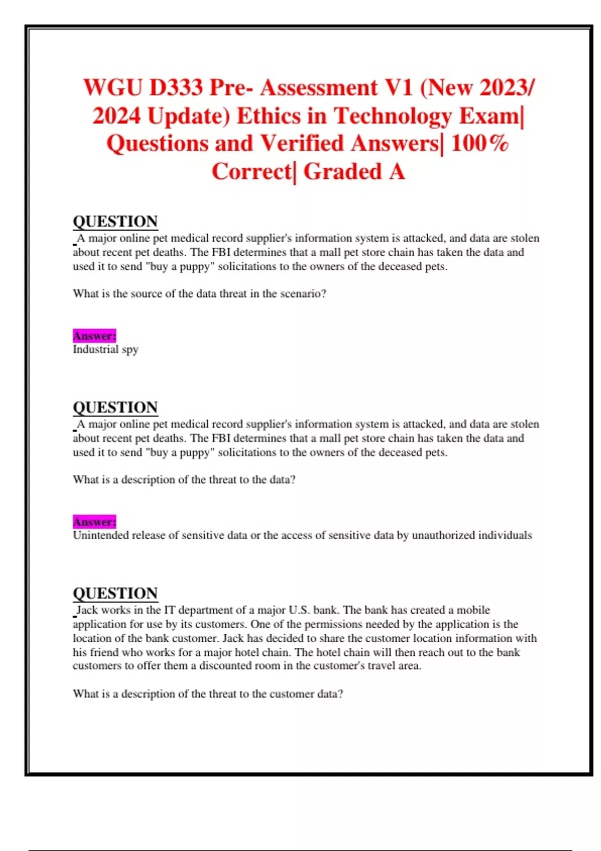 WGU D333 Pre- Assessment V1 (New 2023/ 2024 Update) Ethics in Technology Exam| Questions and ...