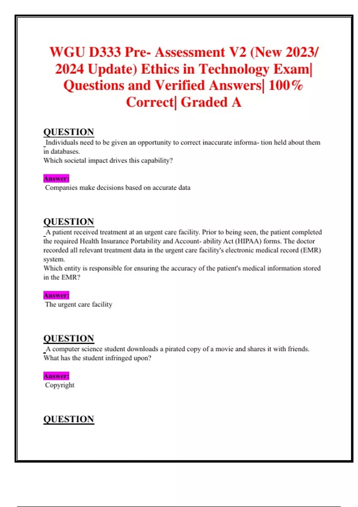 WGU D333 Pre- Assessment V2 (New 2023/ 2024 Update) Ethics in ...