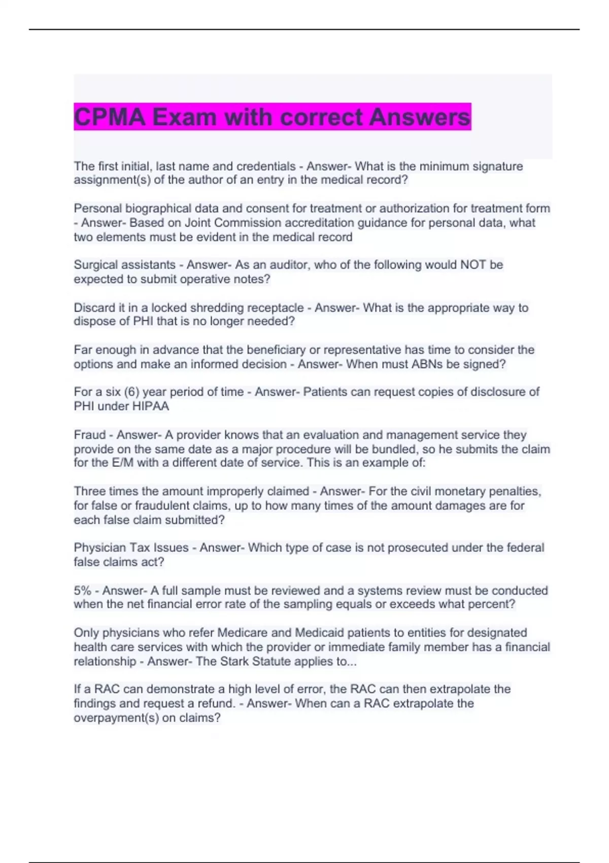 CPMA Exam with correct Answers - CPMA - Stuvia US