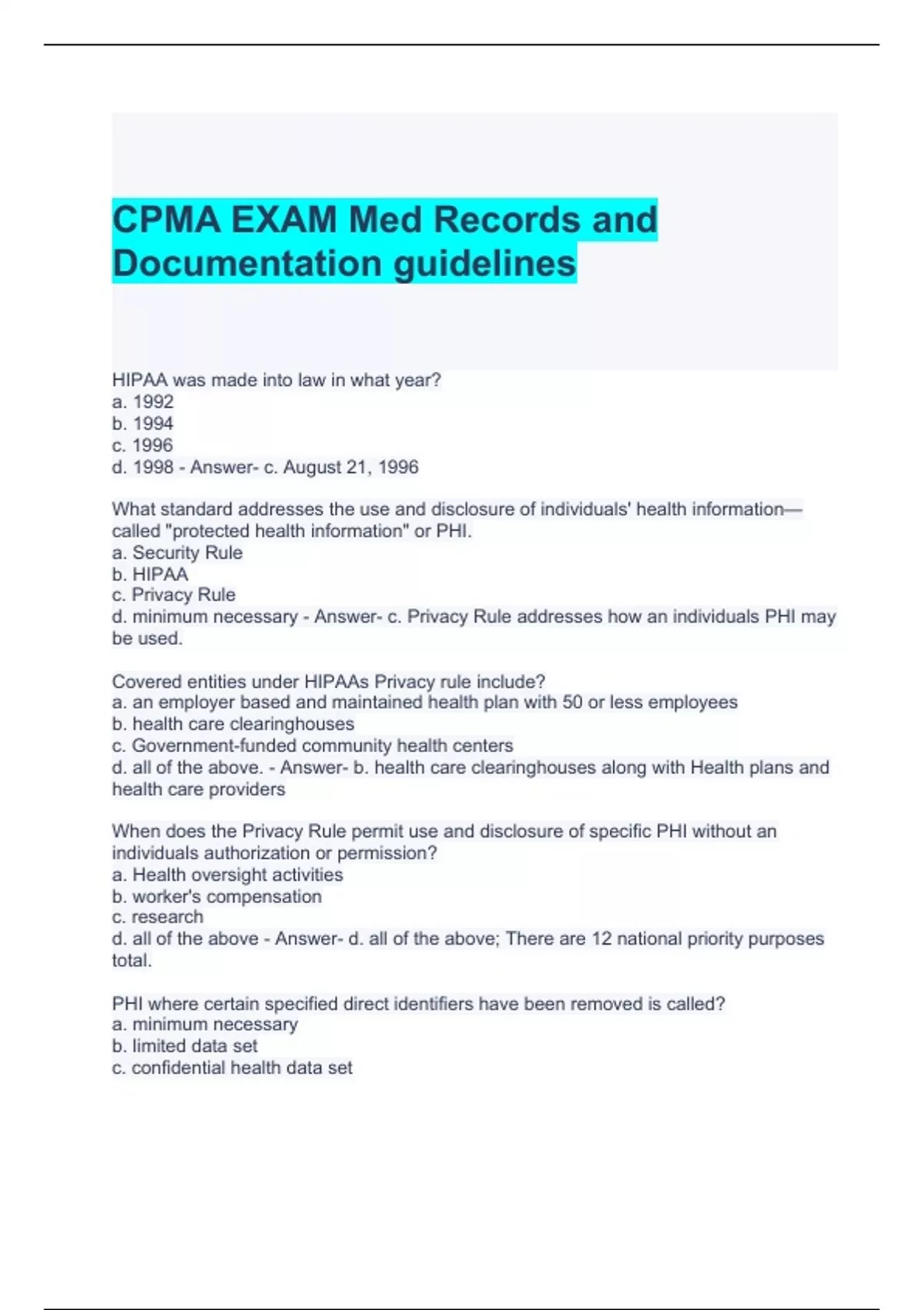 CPMA EXAM Med Records and Documentation guidelines-Questions with ...