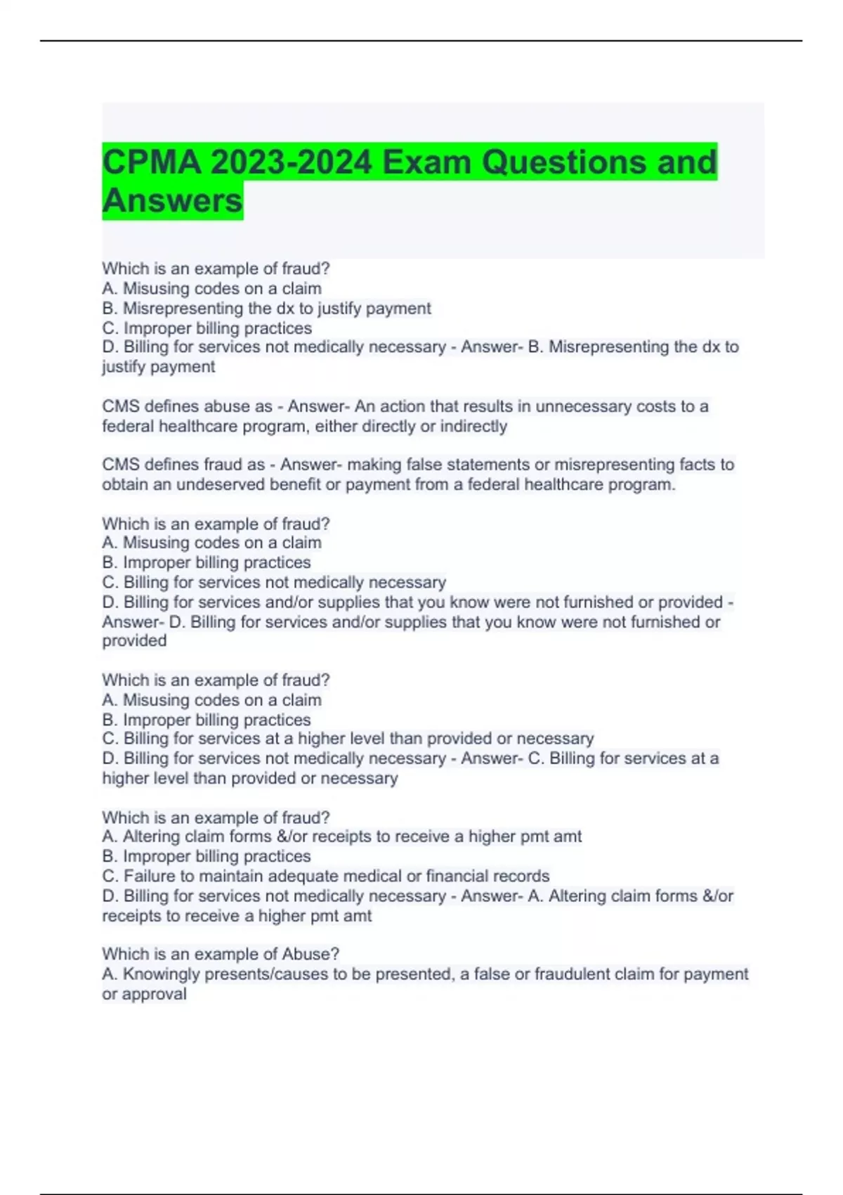 CPMA Exam Questions and Answers - CPMA - Stuvia US