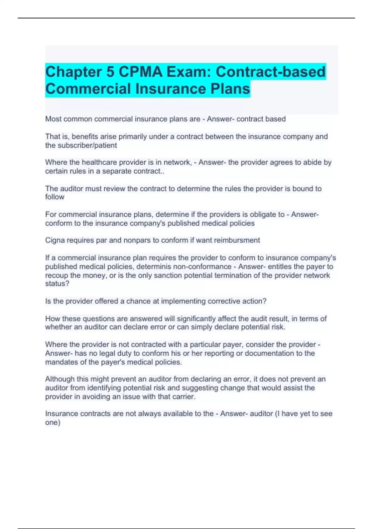 Chapter 5 CPMA Exam Contract-based Commercial Insurance Plans Questions ...