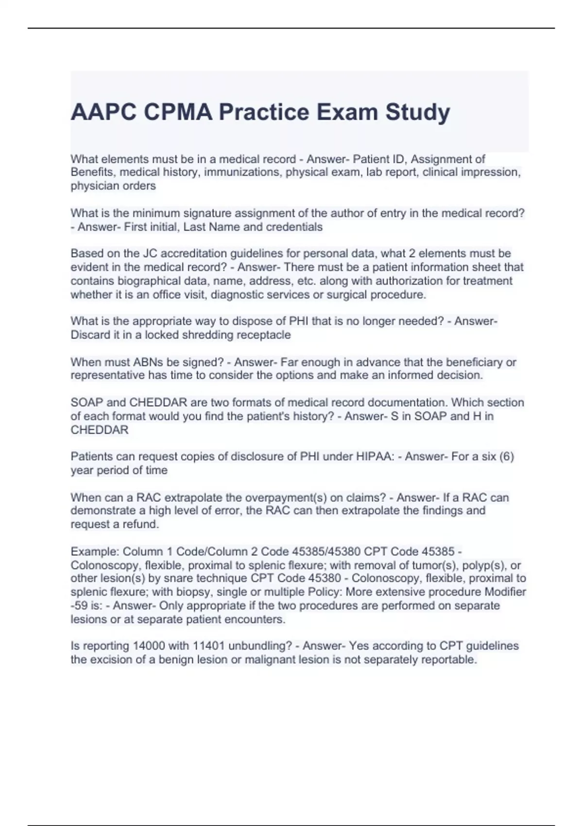 AAPC CPMA Practice Exam Study with complete solutions - CPMA - Stuvia US