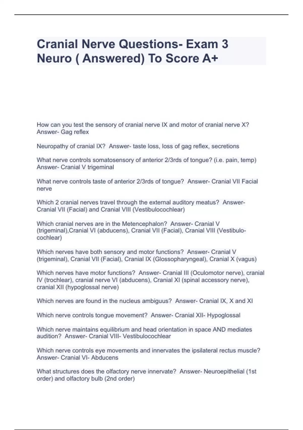 Cranial Nerve Questions- Exam 3 Neuro ( Answered) To Score A+ - Cranial ...