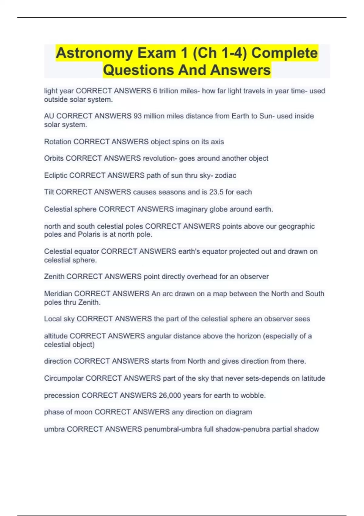 Astronomy Exam 1 (Ch 1-4) Complete Questions And Answers - Astronomy ...