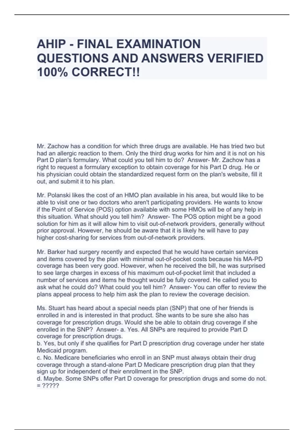 AHIP - FINAL EXAMINATION QUESTIONS AND ANSWERS VERIFIED 100% CORRECT ...