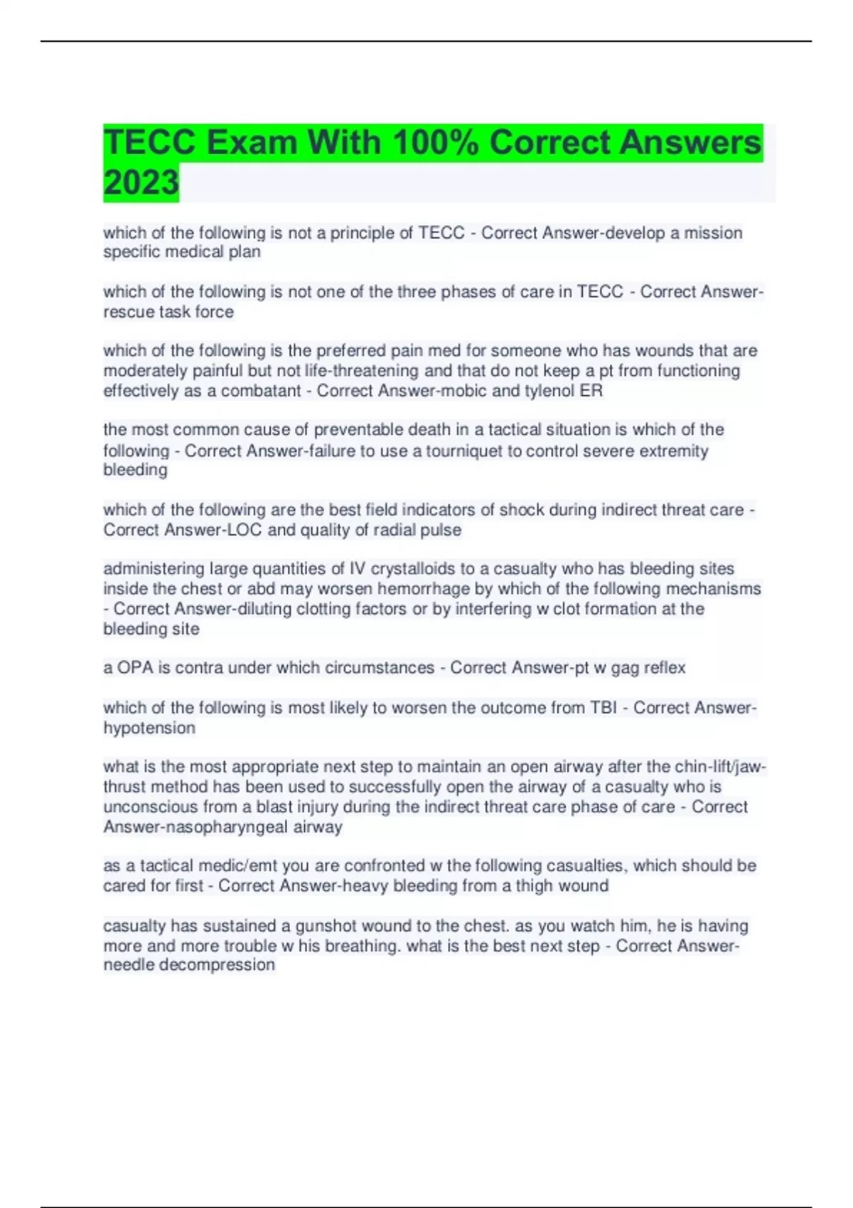 TECC Exam With 100% Correct Answers - TECC - Stuvia US