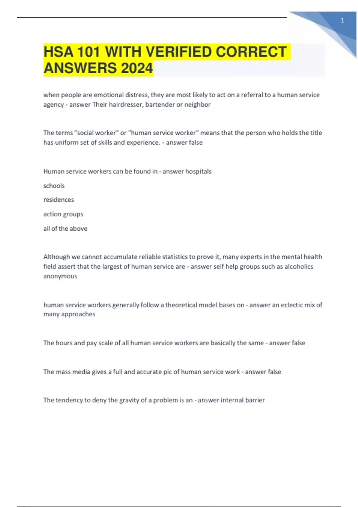 HSA 101 WITH VERIFIED CORRECT ANSWERS 2024 - HSA - Stuvia NL