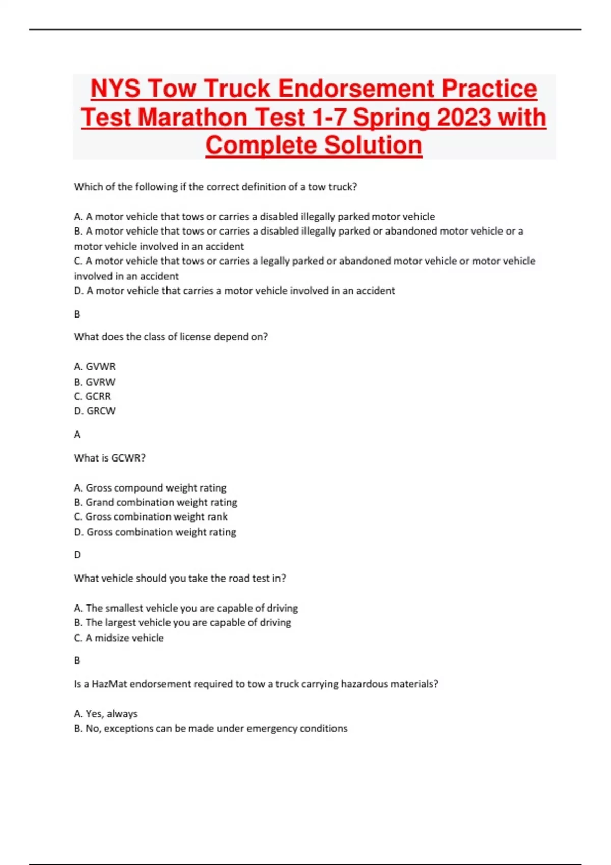 NYS Tow Truck Endorsement Practice Test Marathon Test 1-7 Spring 2023 ...