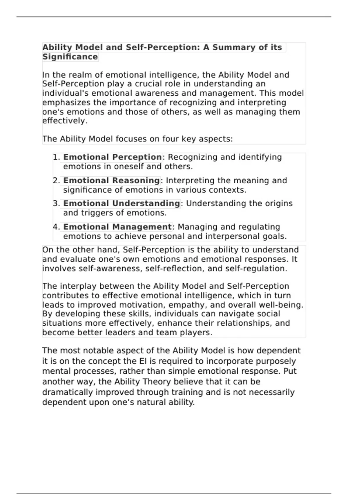 Summary Ability model and self - perception - Humanities - Stuvia US