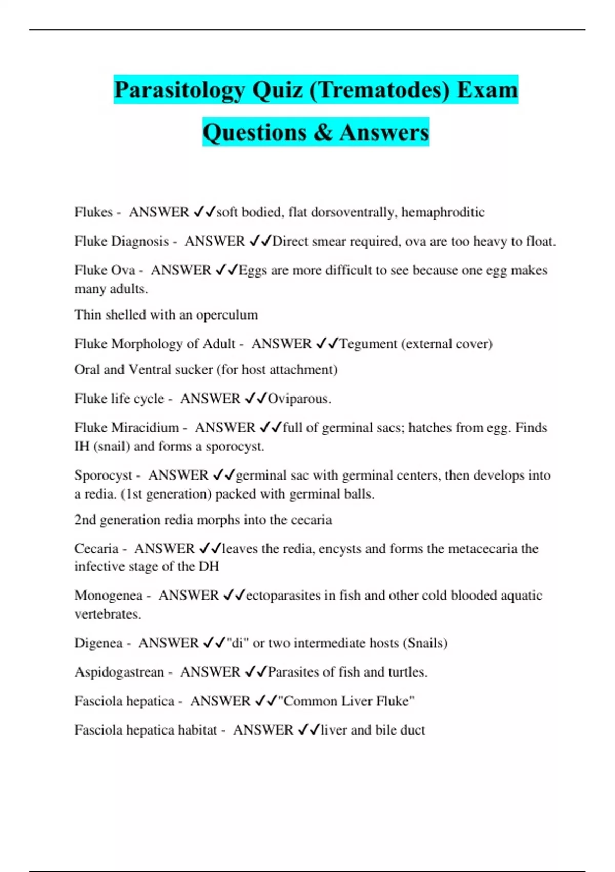 Parasitology Quiz (Trematodes) Exam Questions & Answers - Parasitology ...