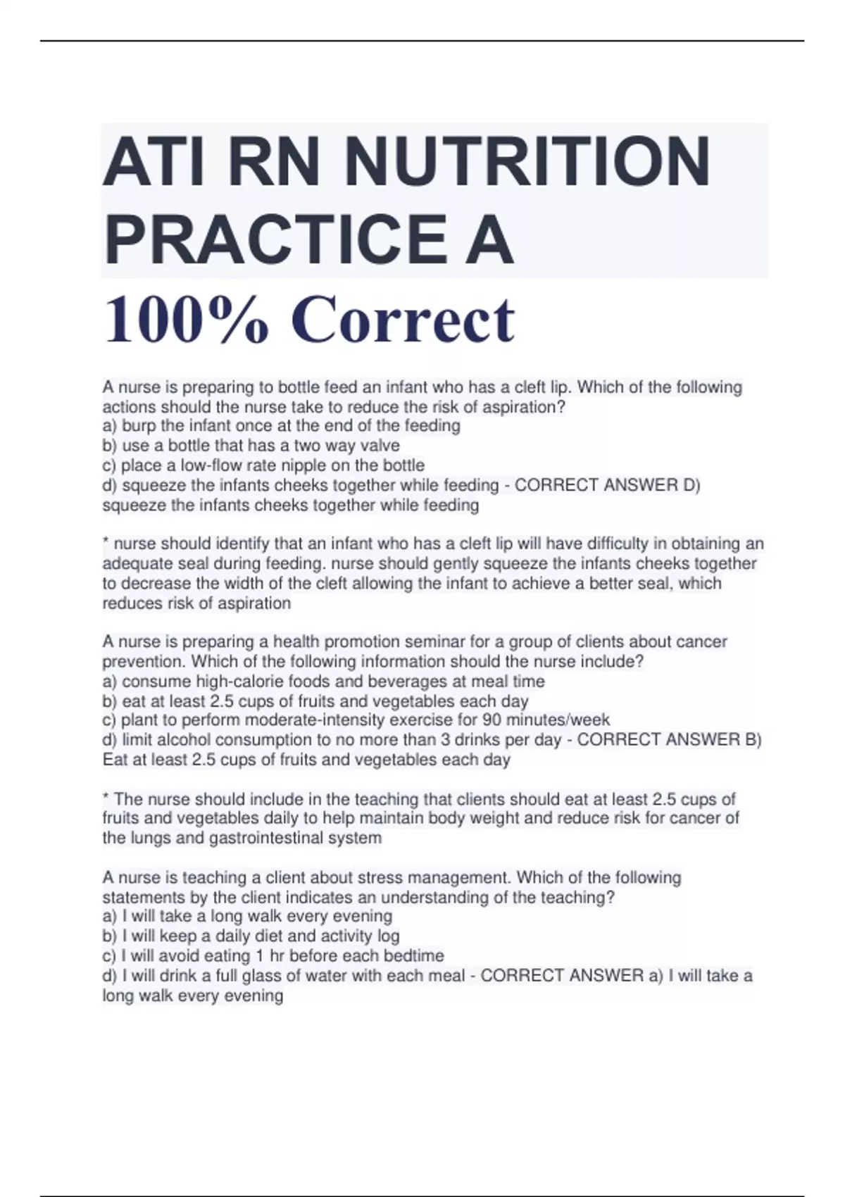 ATI RN NUTRITION PRACTICE 100 CORRECT QUESTIONS AND ANSWERS - ATI ...