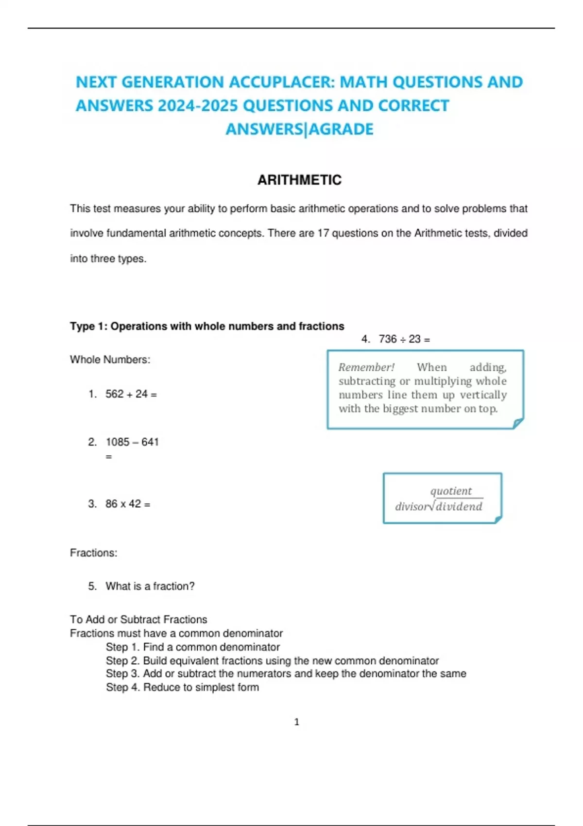 Next Generation Accuplacer Math Questions And Answers Questions And Correct Answers Agrade