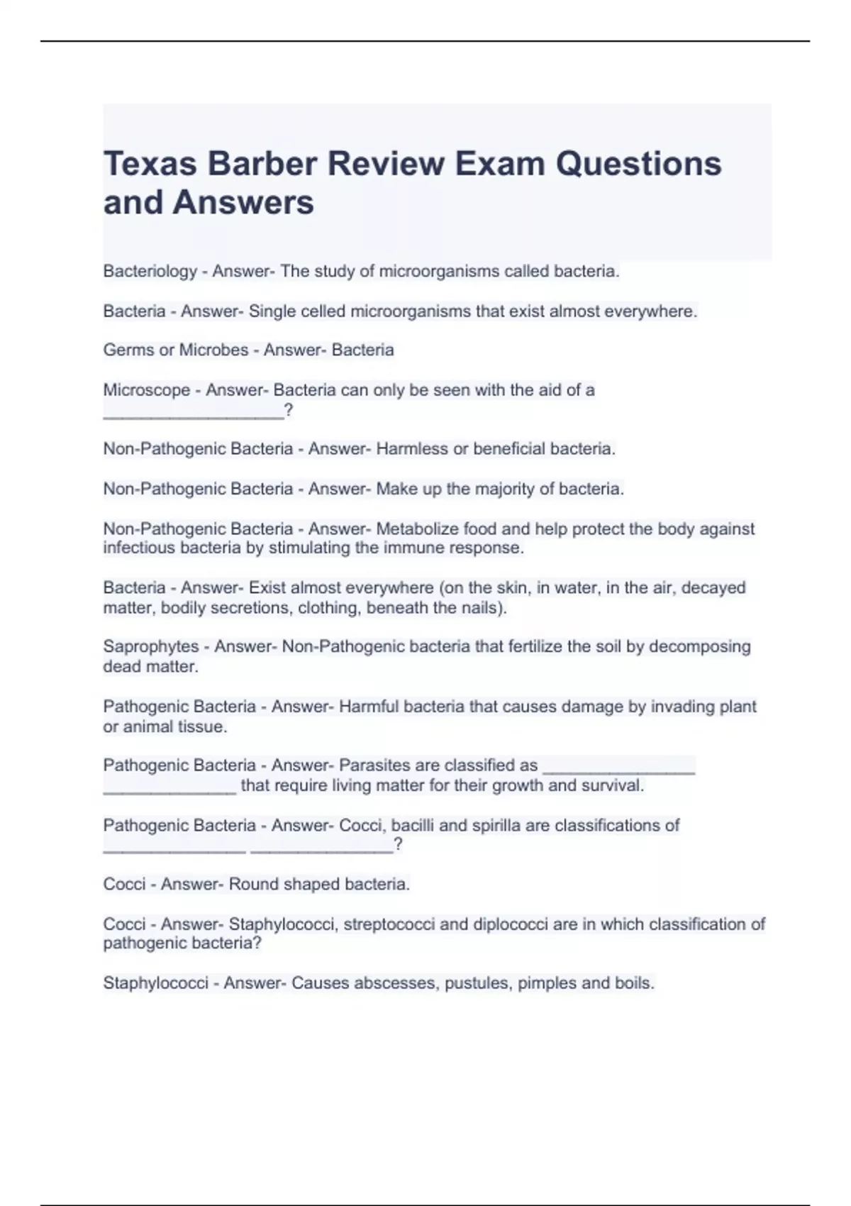 Texas Barber Review Exam Questions and Answers 100% correct - Texas ...