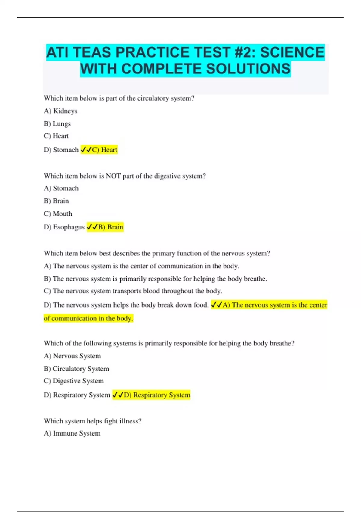 ATI TEAS PRACTICE TEST #2: SCIENCE WITH COMPLETE SOLUTIONS - ATI TEAS 7 ...